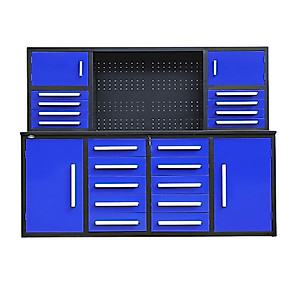 TTBKA 7' Garage Storage Cabinet with Workbench 18 Drawers, 4 Cabinets, Pegboard Size:87" L x 23" W x 67" H (Blue)