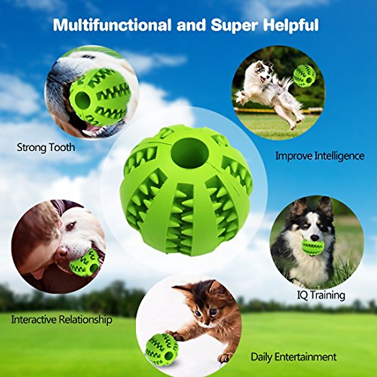 Idepet Dog Toy Ball, Nontoxic Bite Resistant Toy Ball for Pet Dogs Puppy Cat, Dog Pet Food Treat Feeder Chew Tooth Cleaning Ball Exercise Game IQ Training Ball(2 Pack-Blue&Green)
