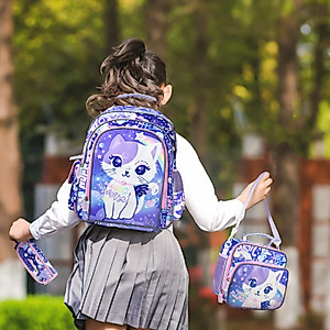 16 Inch Girls Backpack with Lunch Box and Pencil Case Cute Cat Backpack for Girls Kawaii Kids Backpack with Lunch Box for Elementary Kindergarten