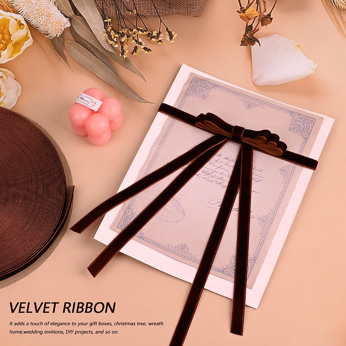 BokingOne Brown Velvet Ribbon, 3/8 Inch X 30Yds Single Face Velvet Ribbon for Gift Wrapping, Christmas Wrapping Bows, Wedding Decor, Home Decorating, DIY Crafts Decor