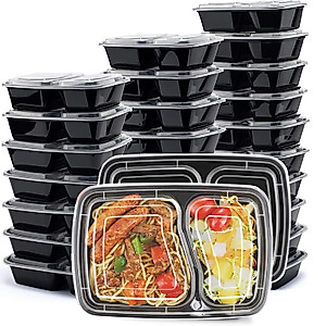 Meal Prep Container with Lids, 50 Pack Divided Food Storage Containers Microwave Safe 2 Compartment Disposable Bento Box Reusable To-go Container Plastic Bento Lunch Box (33 oz)