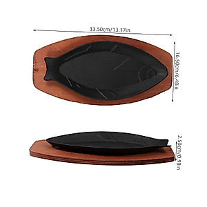 Operitacx Cast Iron Pan 1 Set Fish Shaped Frying Pan with Wood Base Cast Iron Grilling Griddle Plate Japanese Teppanyaki Steak Frying Pan Barbecue Pan For Home Kitchen Cast Iron Pizza Pan