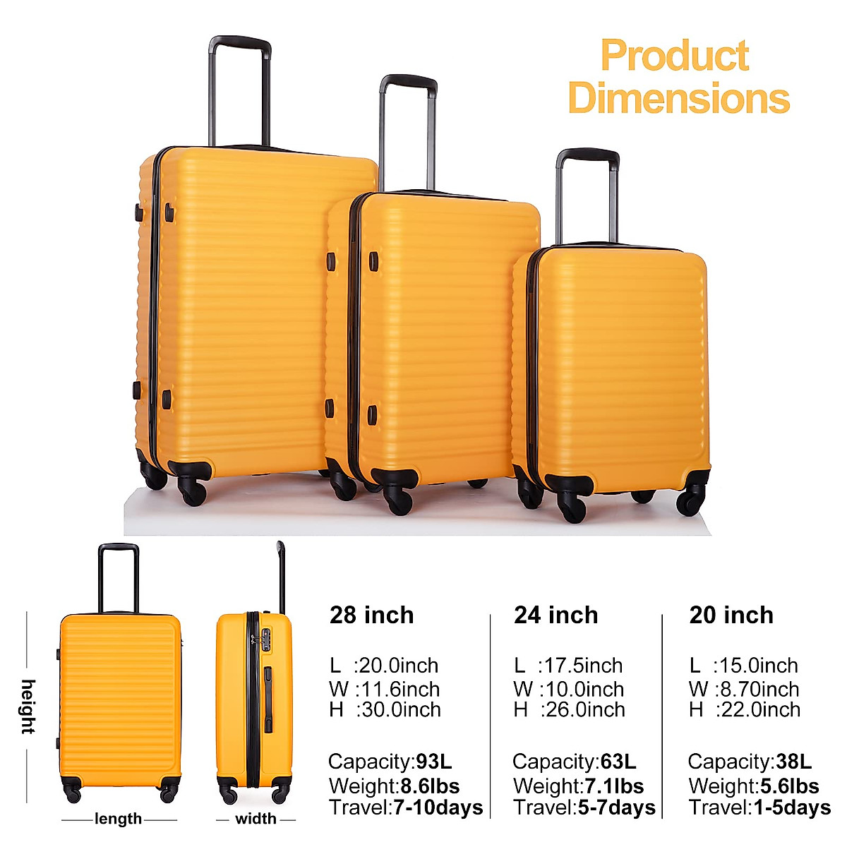 Travelhouse Luggage Sets, Expandable Hardside Suitcases 24in/28in, Carry on 20in,3 Piece Set Travel Luggages Clearance with Double Spinner Wheels TSA Lock Lightweight (Orange-85)
