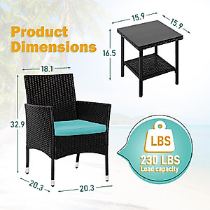 PayLessHere Set of 3 Outdoor Furniture Set Heavy Duty Patio Furniture Set Sturdy Conversation Set with 2 Rattan Chairs Glass Top Coffee Table Seat Cushions for Coffee Bar Poolside Patio Outdoor, Blue