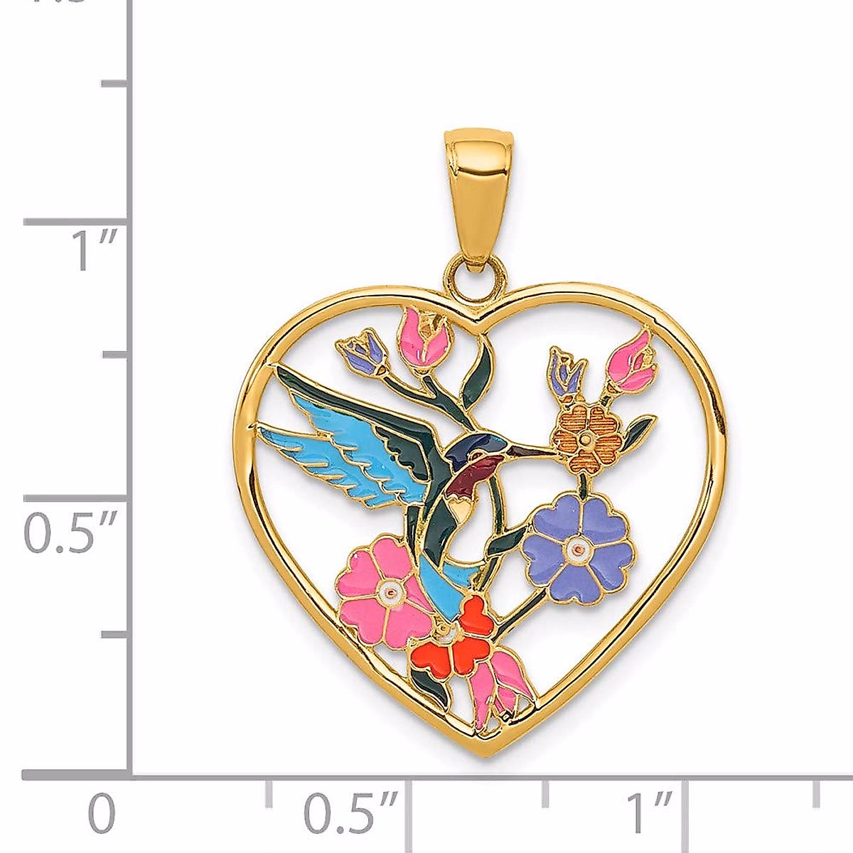 14k Enameled Hummingbird w/Flowers Heart Pendant QYC957