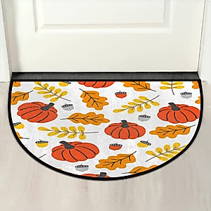 Autumn Pumpkin Half Round Doormat, Fall Thanksgiving Harvest Non-Slip Half Circle Area Rug Durable Washable Welcome Mats for Front Door Indoor Outdoor Patio Home Kitchen Absorbent Doormats 24 x 36 in