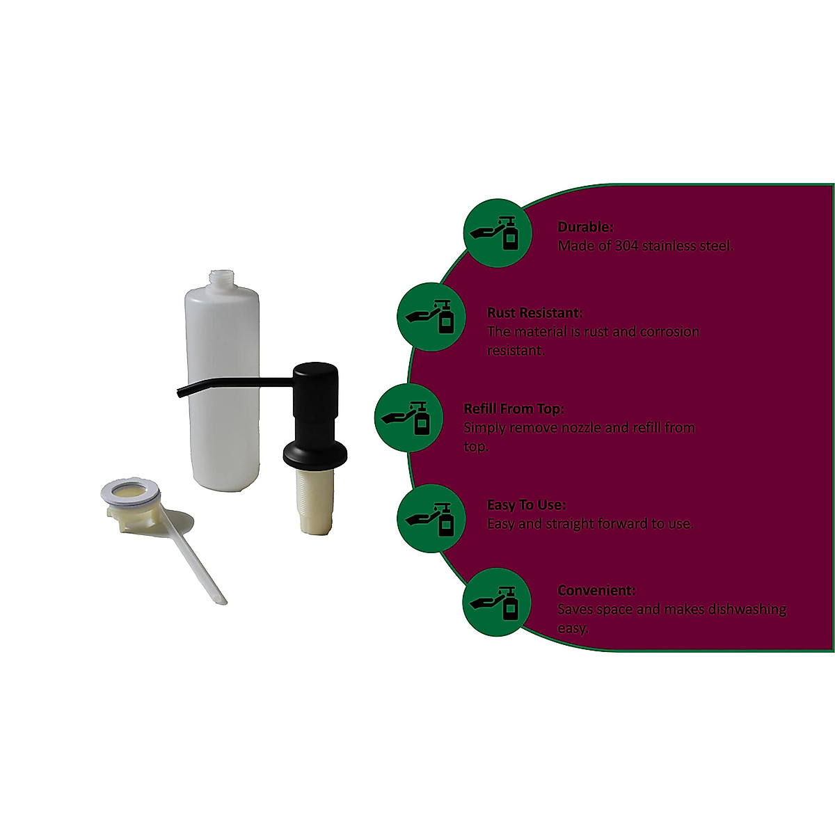 Soap Dispenser for Kitchen Sink, Built in, Stainless Steel (Brushed Nickel), Pump Set for Dish Soap or Lotion, Refill from The Top, for CounterTop, Black