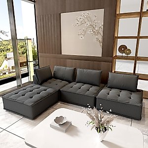 XSZD Oversized Modular Sectional L Shape Sofa,Upholstered Deep Sectional Sofa with Reversible Ottoman,Modern Design for Stylish Living Room, Easy Assembly (Grey Solid Wood,109'')