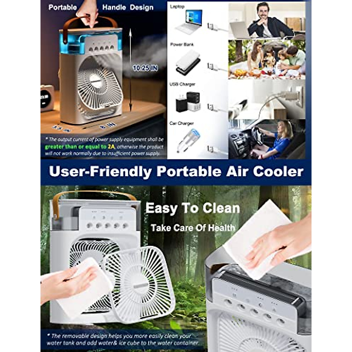 4-IN-1 Portable Air Conditioners Fan, Personal Mini Air Conditioner with 3-Speeds/5 Humidifier Misting Hole/7 Colors Light, USB Handle Evaporative Cooler with Auto Timer for Room Office Travel (ST-02)