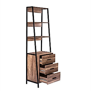Parker Industrial Ladder Shelf Bookcase with 3 Drawers and 4 Open Shelves Ladder Bookshelf, Wooden Ladder Shelves with Metal Frame, Freestanding Display Bookcase for Living Room, Home Office, Walnut