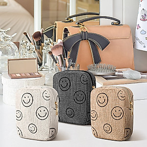 Photect 3 Pcs Corduroy Cosmetic Bag Smile Face Aesthetic Preppy Pouch Travel Makeup Bags for Christmas Women Holiday Organizer Gifts(Stylish,White, Gray, Yellow)