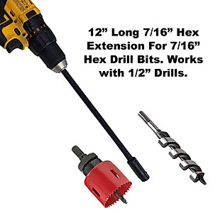 Hex Extension 7/16 Inch X 7/16 Inch X 12" Long for 1/2" Drills 7/16 Male Hex End X 7/16 Female Hex End with Set Screw Double It Up for 24" Works with Helios Visi-Trim Sprinkler Trimmer