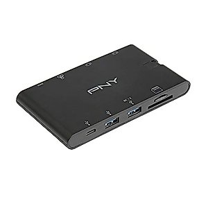 PNY 9 in 1 Mini Portable USB-C Power Hub with Integrated USB-C Cable for USB-C Compatible Devices with 2xUSB-C Ports, 2xUSB-A 3.1 Ports, 1xHDMI Port, 1xVGA Port, SD/microSD Slots, PNY Mini USB-C Hub