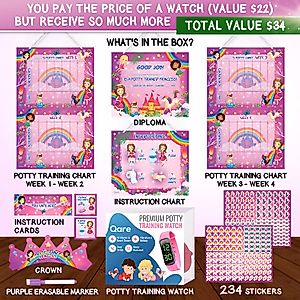 Premium Potty Training Watch & Charts Bundle - Only Watch with Multiple Alarms (16) to Fit Your Schedule & Easy to Use Smart Timer - Water Resistant - Princess Theme (Pink)