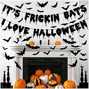 It's Frickin Bats I Love Halloween Banner Spooky Home Decor, Halloween Theme Party Decorations with 48 Pieces 3D Bats Wall Decor, Halloween Decoration Set for Home Party Fireplace Mantle Decor