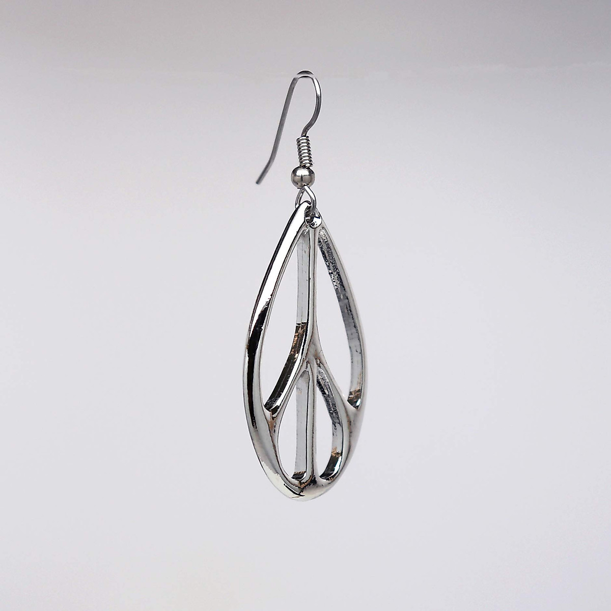 Oval Hippie Peace Sign Dangle Earrings Silver Finish Pewter