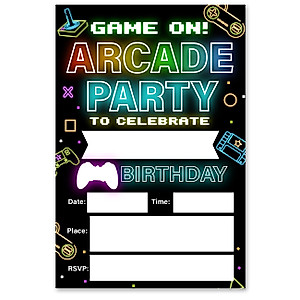 VAHATAN Arcade Party Birthday Invitations 20 Packs Neon Glow Retro Video Gaming Arcade Invites with Envelopes
