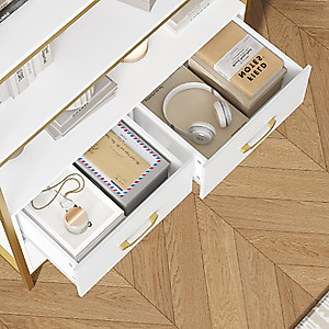 HITHOS 5 Tier Bookshelf with Drawers, 71" Tall Bookcase with Shelves, 35.4" Wide Free Standing Book Storage Shelf, Modern Wood Display Cabinet for Living Room, Study, Home Office, White Gold