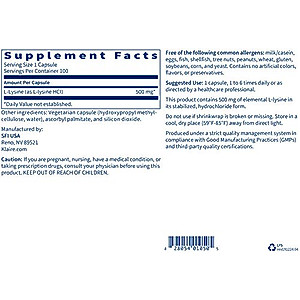 Klaire Labs L-Lysine - 500 Milligrams Essential Amino Acid Support for Immune Health & Collagen Formation, Hypoallergenic & Dairy-Free (100 Capsules)