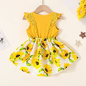 Newborn Infant Baby Girls Floral Dress Flutter Lace Sleeve Skirts Ruffle Dresses Fall Outfits (Yellow # Sunflower B, 3-6 Months)