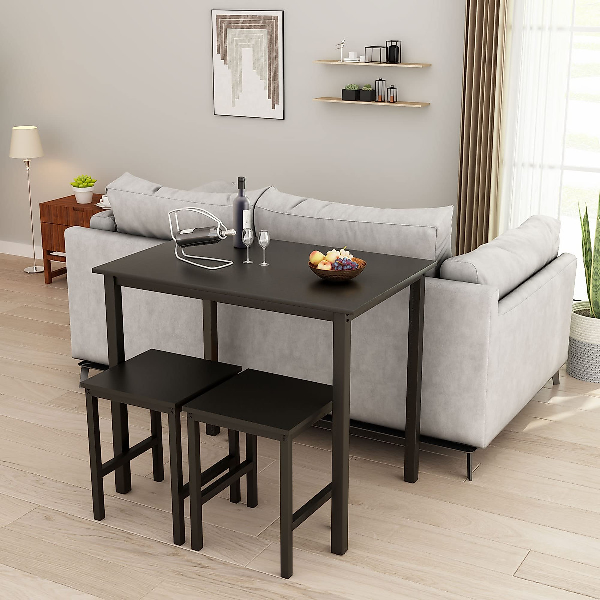 AWQM 3 Piece Dining Table Set, Small Kitchen Table and 2 Stools, Kitchen Breakfast Dining Table Set, Breakfast Table of 35.43 x 23.62 x 29.92 inches, Stools of 13.8 x 13.8 x 17.8 inches, Black