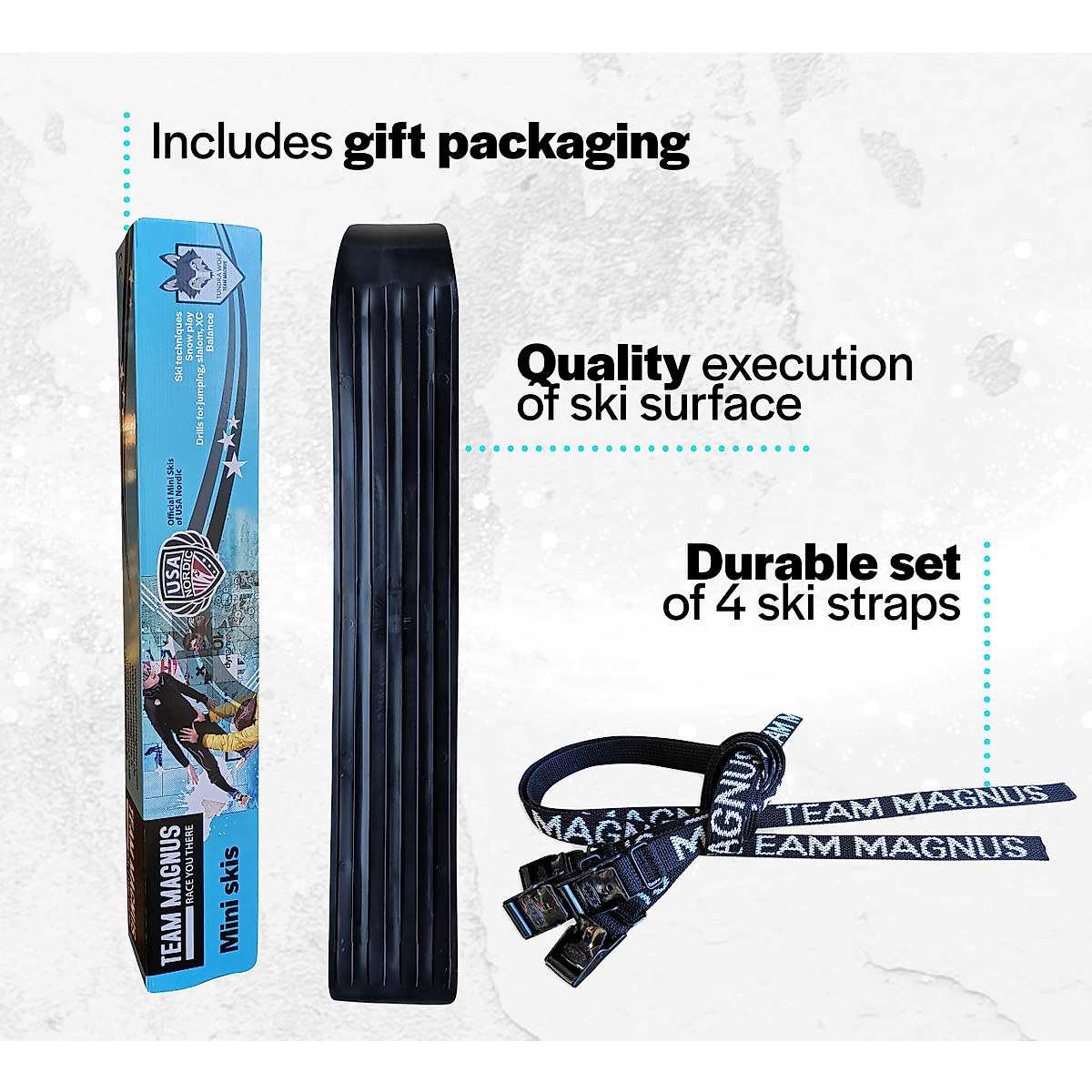 TEAM MAGNUS Tundra wolf skis with one size bindings for all ages and boots - for snow play, skills and technique practice