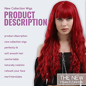 andromeda Red Wig with Bangs Soft Long Wavy Wigs for Women Curly Synthetic Wig Replacement Halloween Costumes Cosplay Party Wigs (Red)