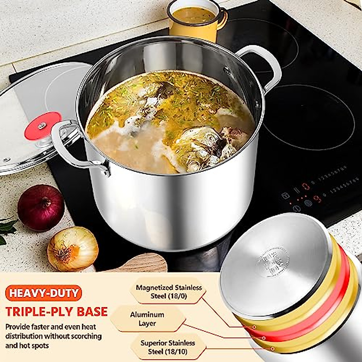 12-Quart Stock Pot, E-far 18/10 Stainless Steel Stockpot with Lid for Cooking Simmering Soup Stew, Heavy Duty Cookware Works w/Induction, Non-toxic & Corrosion Resistant, Dishwasher Safe