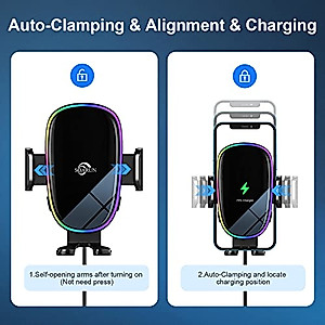 Wireless Car Charger Mount, SOARUN [Unique 7 Colors LED Dynamic Backlit] 15W Wireless Fast Charging Car Phone Holder, Auto-Clamping Wireless Car Charger for iPhone 14 Pro 13 12, Samsung S23 Ultra S22