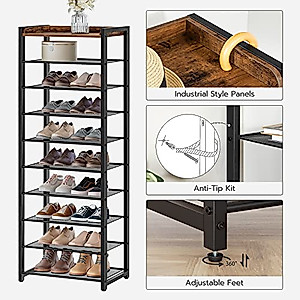 HOOBRO 10 Tier Shoe Rack, Narrow Shoe Storage Organizer with 9 Metal Shelves, Saving Space, Stable and Sturdy, Hold 18-27 Pairs of Shoes, for Entryway, Hallway, Living Room, Rustic Brown BF40XJ01