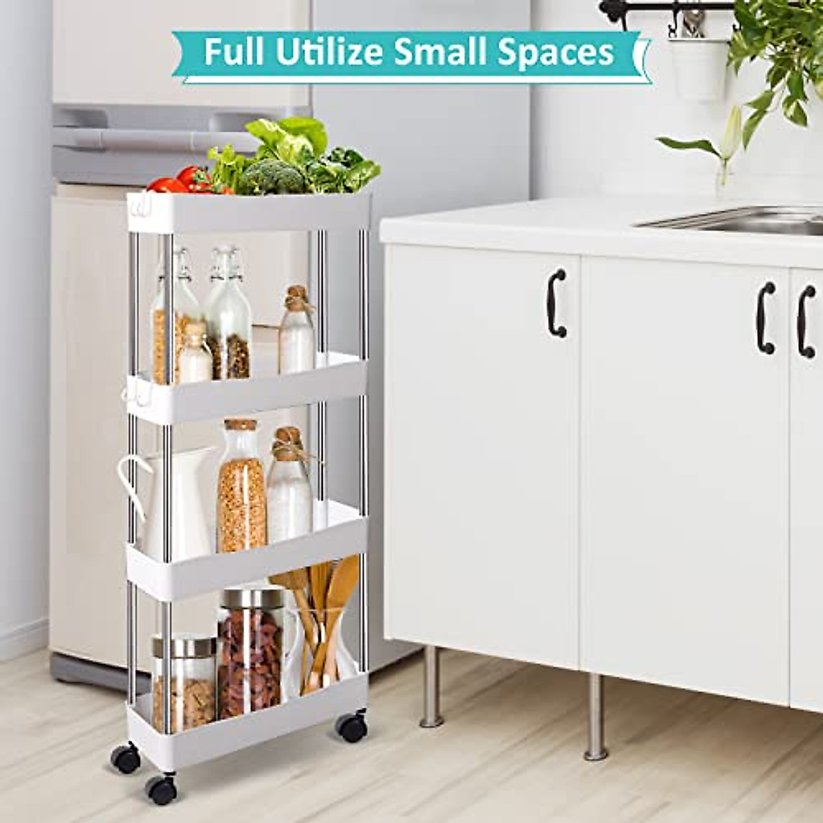 Slim Storage Cart, 4 Tier Bathroom Rolling Utility Cart Storage Organizer, White Slide Out Rolling Cart with Wheels, Rolling Storage Cart for Kitchen Bathroom Laundry Narrow Places…