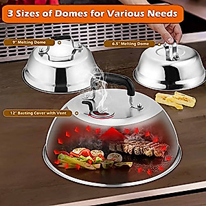 3Pcs Basting Cover & Burger Press Set, Leonyo 12" & 9" & 6.5" Round Cheese Melting Dome, Heavy Duty Griddle Dome Steam Lids, Stainless Steel Bacon Press for BBQ Flat Top Grill Cast Iron