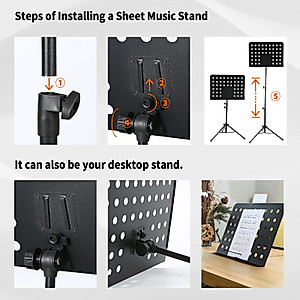 Music Stand, Metal Professional Portable Perforated Sheet Music Stand, Adjustable Music Stand, Equipped with a Carrying Bag, Clip Holder, Music Folder, 2 in 1 Music Bookshelf