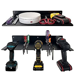 Homydom Garage Organization and Drill Storage Electric Drill Storage Rack Power Tool Holder with Storage Shelf Wall Mounted Utility Battery Storage Organizer Garage Workshop Shed Hanging