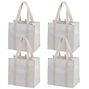 VENO 4 Pack Reusable Grocery Bags w/ Hard Bottom, Heavy-Duty Shopping Bags for Shopping Cart (Beige, 4 Pack)