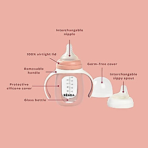 BEABA 2-in-1 Glass Baby Bottle to Glass Training Sippy Cup, Learning Cup, Baby Bottle with Soft Silicone Nipple and Sippy Spout, Baby, Toddler 7 oz (Sage)