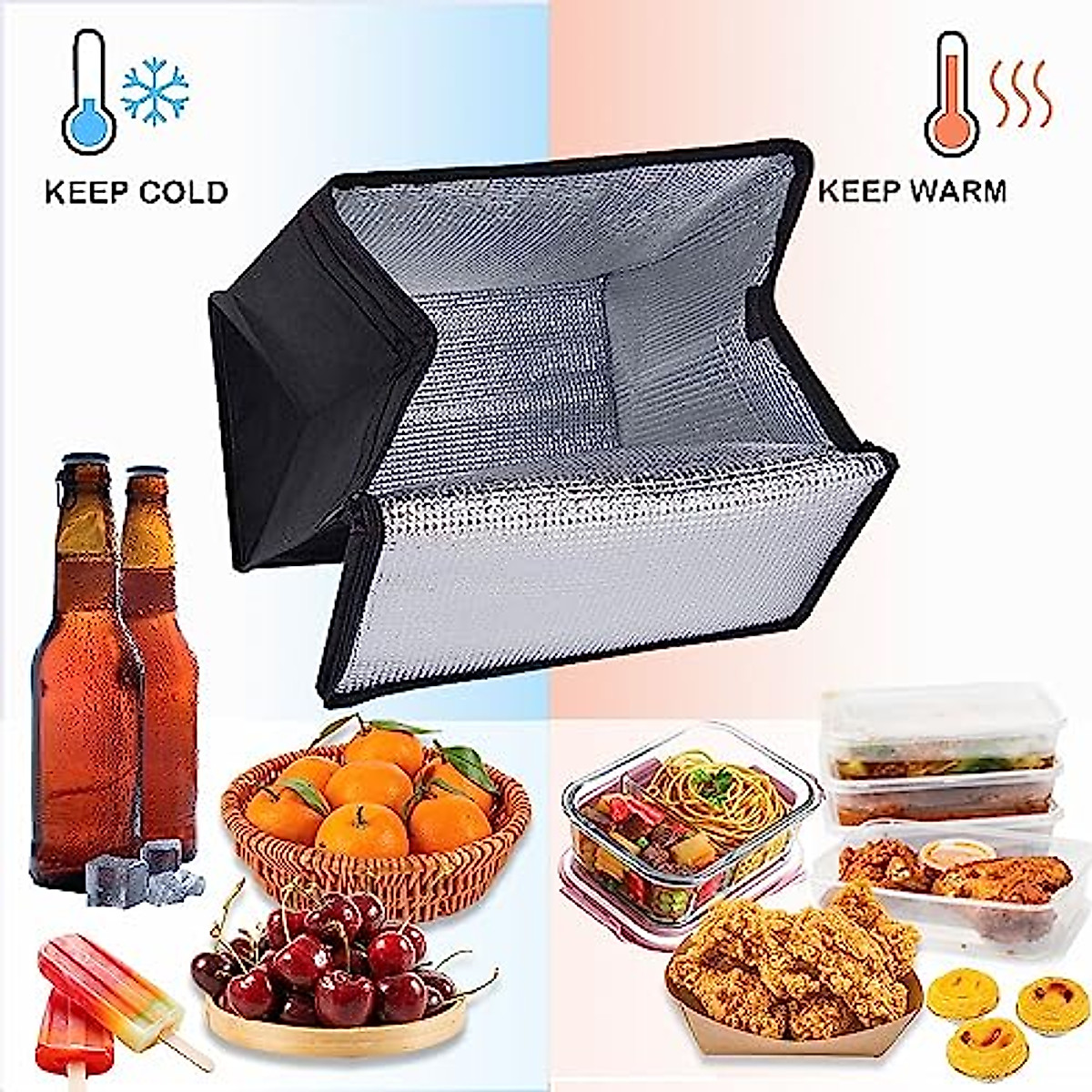 Lukery Insulated Reusable Grocery Bag with Zipper, Collapsible Cooler Bag Tote Heavy-Duty Insulated Food Pizza Delivery Bag, Shopping Bags for Groceries & Frozen Foods (16"x 9"x 13",Black)