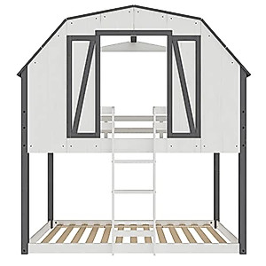 Child Craft Rustic Barn House Twin Over Twin Bunk Bed for Kids, Low Wooden Montessori Bunk Bed