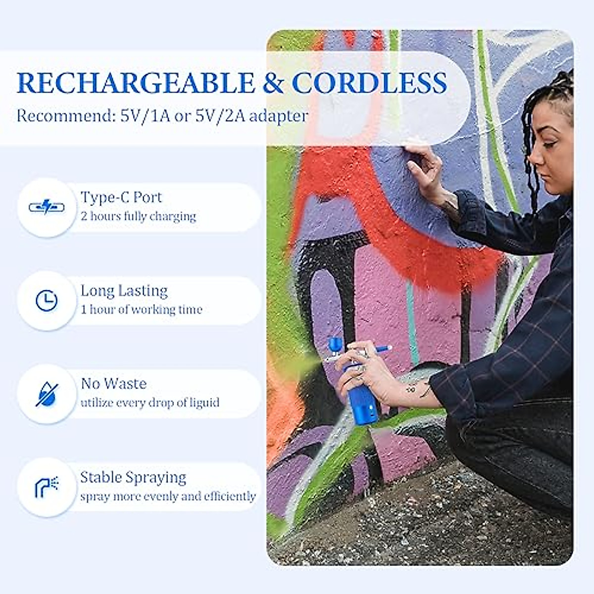 Airbrush Kit Machine with Compressor, Rechargeable Handheld Airbrush, Professional Cordless Air Brush Portable for Nail Art, Makeup, Barber, Cake Decor, Painting (Blue)