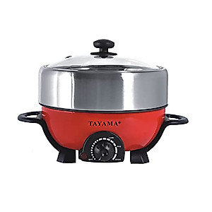 Tayama TRMC-40RS Shabu and Grill 3 Qt. Red Electric Multi-Cooker with Stainless Steel Pot