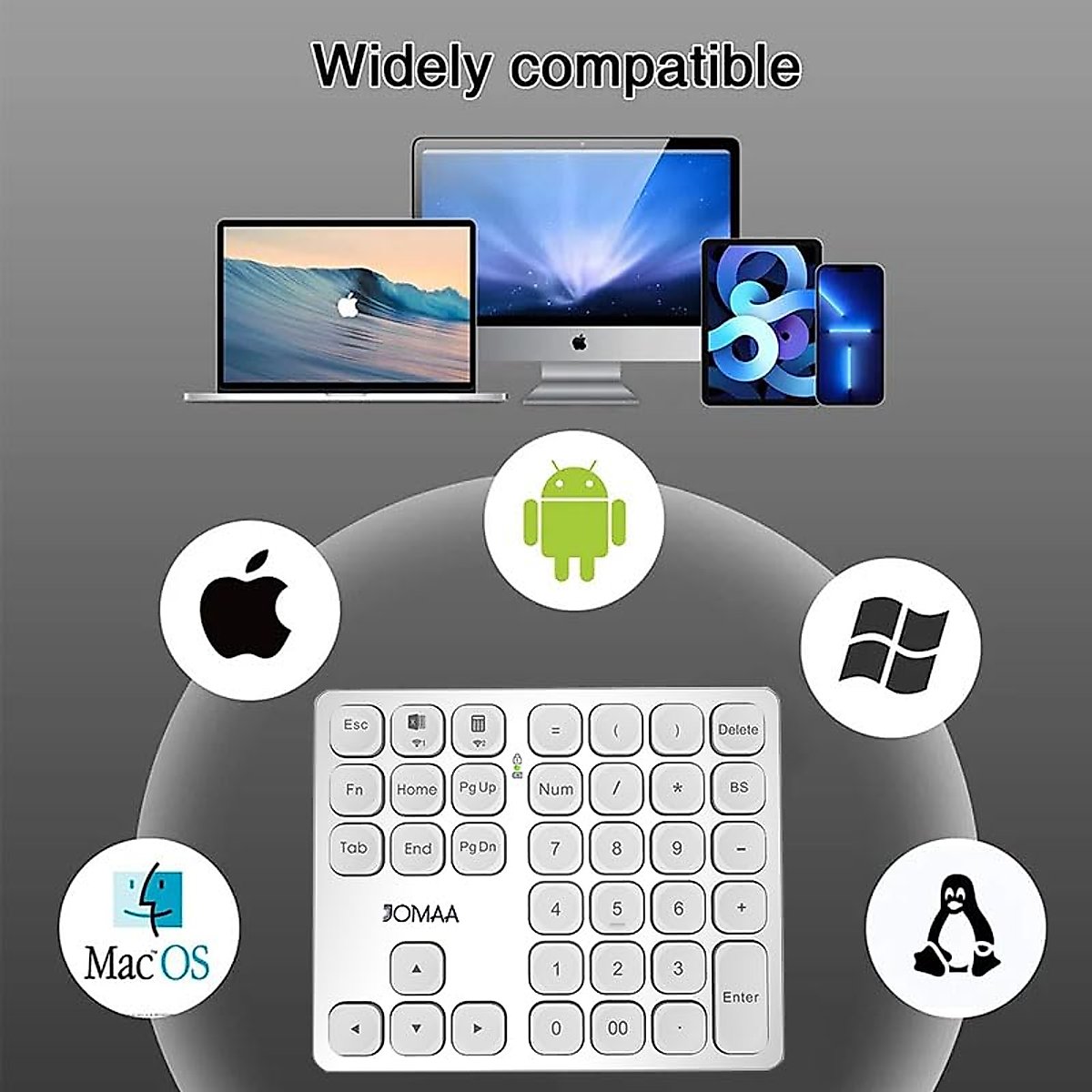 JOMAA 36 Keys Bluetooth Numeric keypad Portable Mini Financial Accounting Rechargeable Number pad Ultra-Silent for iPad Laptop,Mac, iMac, Tablet, PC and Desktop (Silver)