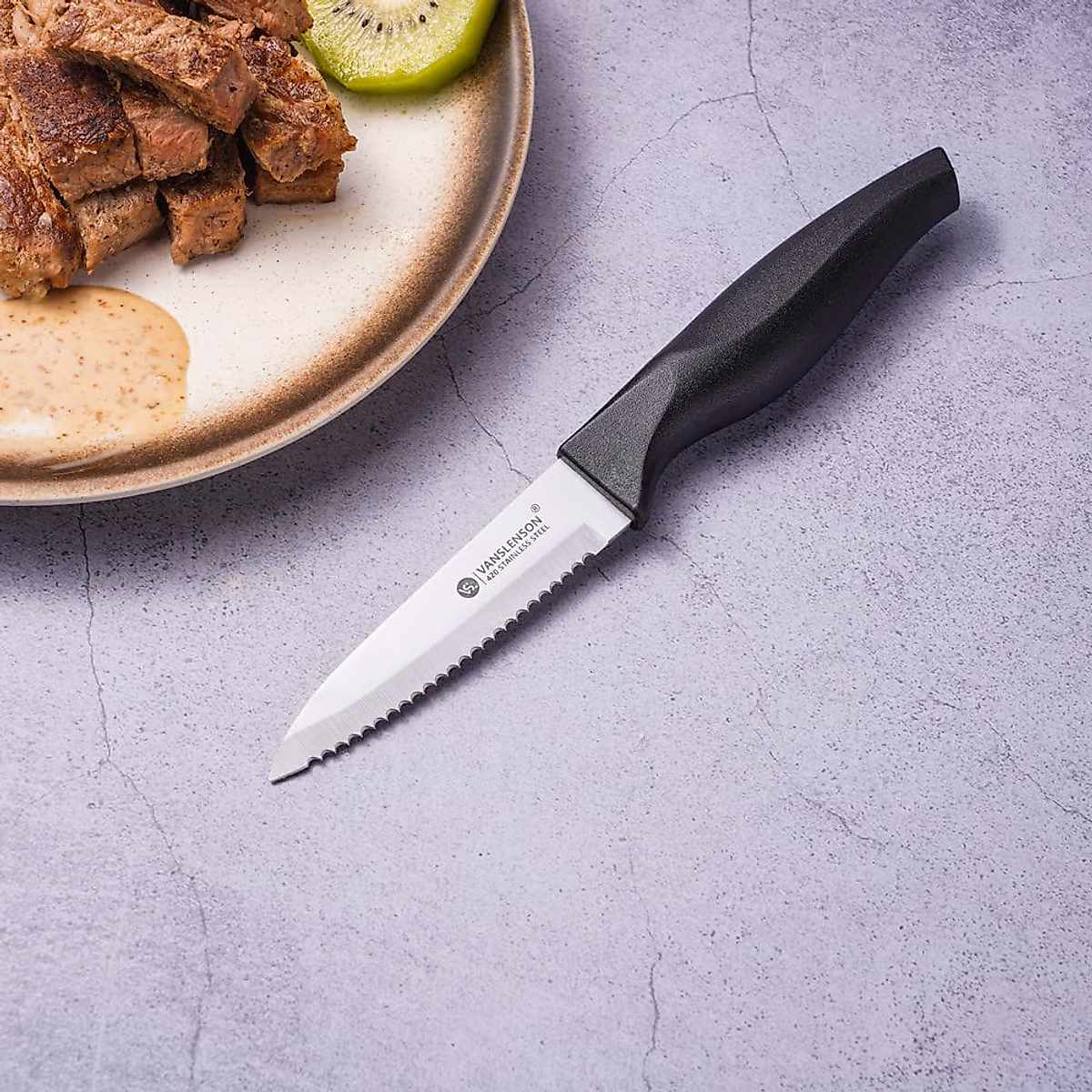 Multipurpose Kitchen Knife set 4 inch Paring Knife with Cover, Steak Knife, 5 inch Utility Knife, 5 inch Serrated Blade Knife Black Handle (Set of 4 steak knife (4 inch serrated blade))