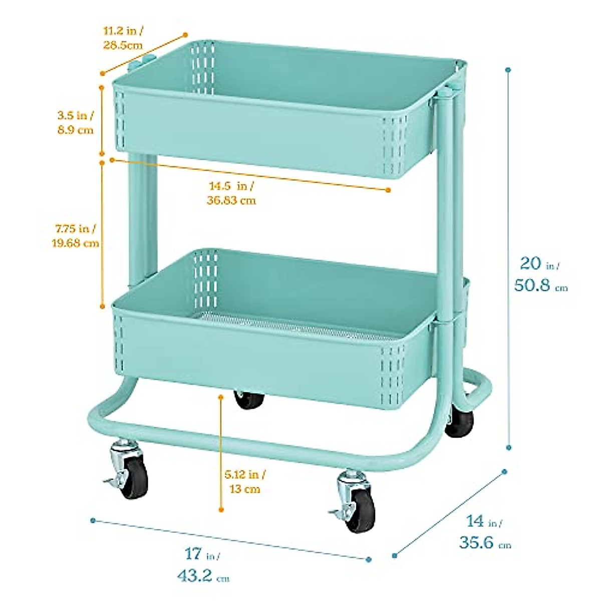 ECR4Kids 2-Tier Metal Rolling Utility Cart - Under Desk Office Storage, Multipurpose Mobile Organizer, Teal