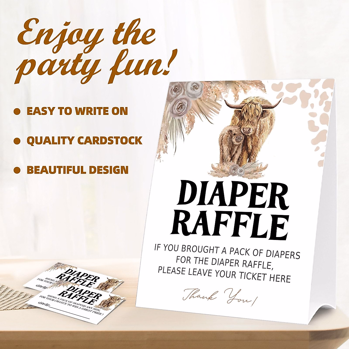 Diaper Raffle Tickets for Baby Shower Game, 1 Standing Sign & 50 Guessing Cards for Baby Shower Party Decoration, Holy Cow, Boho Highland Cow