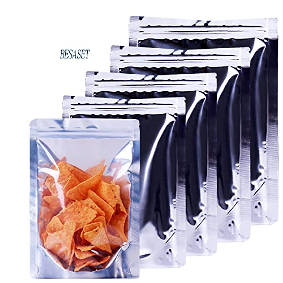 Resealable Mylar Bags Stand Up Food Storage Aluminum Foil Bags 50 Pack Reusable Pouches 5 Different Sizes for Beans Coffee Cookie Snack Food Dried Flowers Tea
