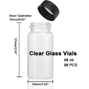 JIUWU 20 Pack, 20 ml Clear Glass Vials with Screw Caps 5 Dram Small Size Storage Bottle Container with Lids for Lab/Travel Essential Oil Samples Anointing Oil Vial Specimen and Water Sample Bottles