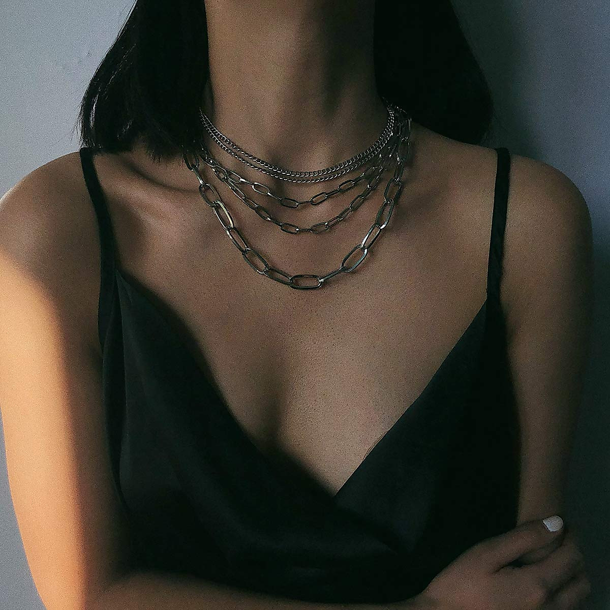 Layered Necklaces for women 18 Inch Paperclip Chain Silver Tone Choker Necklace Chains Punk Jewelry (Silver 5-layer Chains)