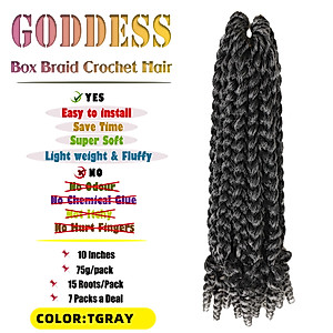 7 Packs 10 Inches Goddess Box Braid Crochet Hair with Toni Curl Ends for Black Women,Mother and Baby Kids - Ombre Gray, Bohemian Box Braids Crochet Hair (105 Strands,T1B/Gray)
