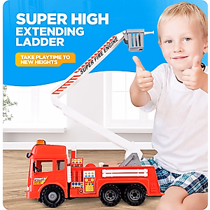 FUNERICA Large Fire Truck Toy with Lights and Sounds - Doors That Open - Big Folding Ladder - 7 Toy Figures and Firemen - Red Firetruck Engine for Toddlers and Kids