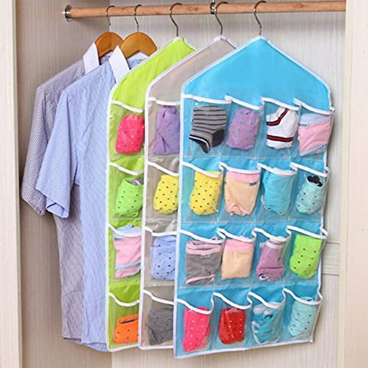 NOVESIXT 16 Pockets Clear Over Door Hanging Bag, Hanging Organizers Plastic Accessory Organizers, Shoe Rack Hanger Underwear Bra Socks Closet Storage Organizer (Green)